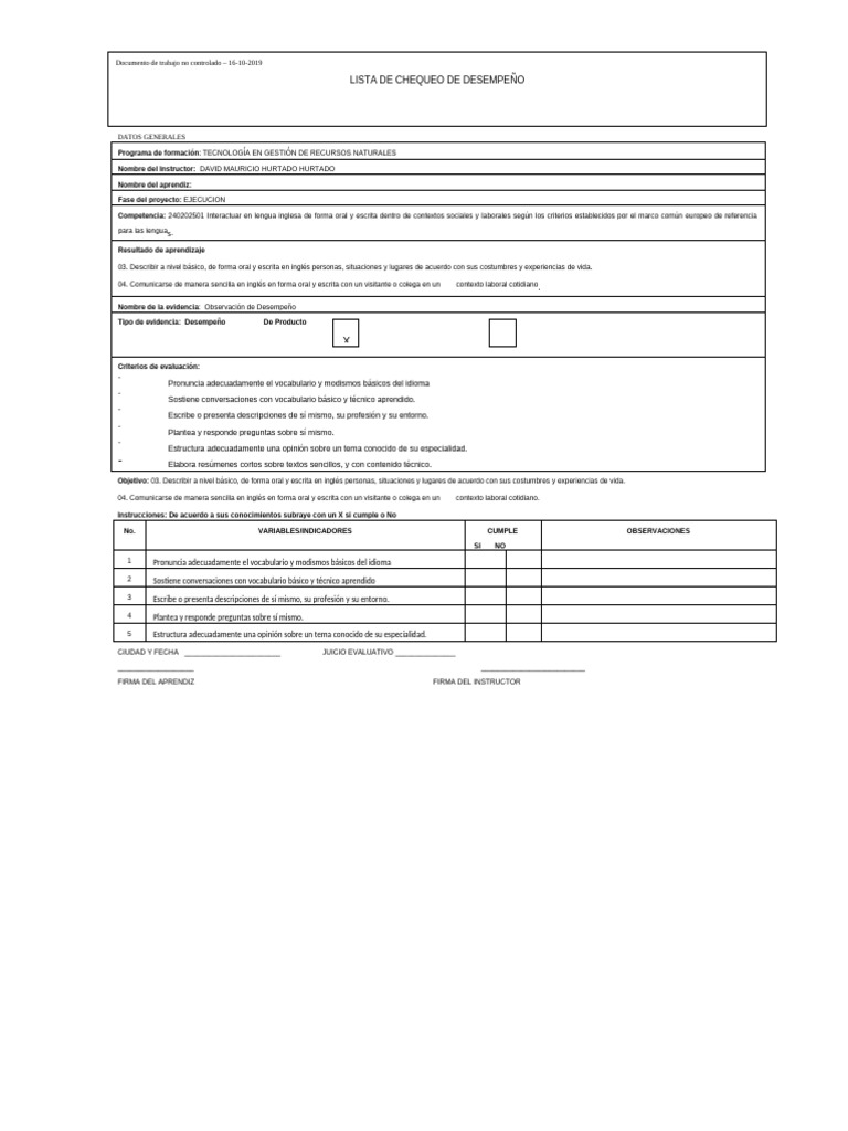 Lista de Chequeo de Desempeño: Documento de Trabajo No Controlado - 16-10-2019 | PDF | Idioma en ...