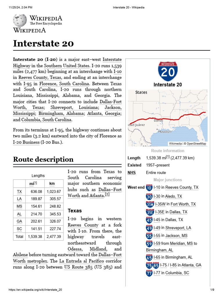 Interstate 20 - Wikipedia | PDF | Road Transport | Transport Infrastructure