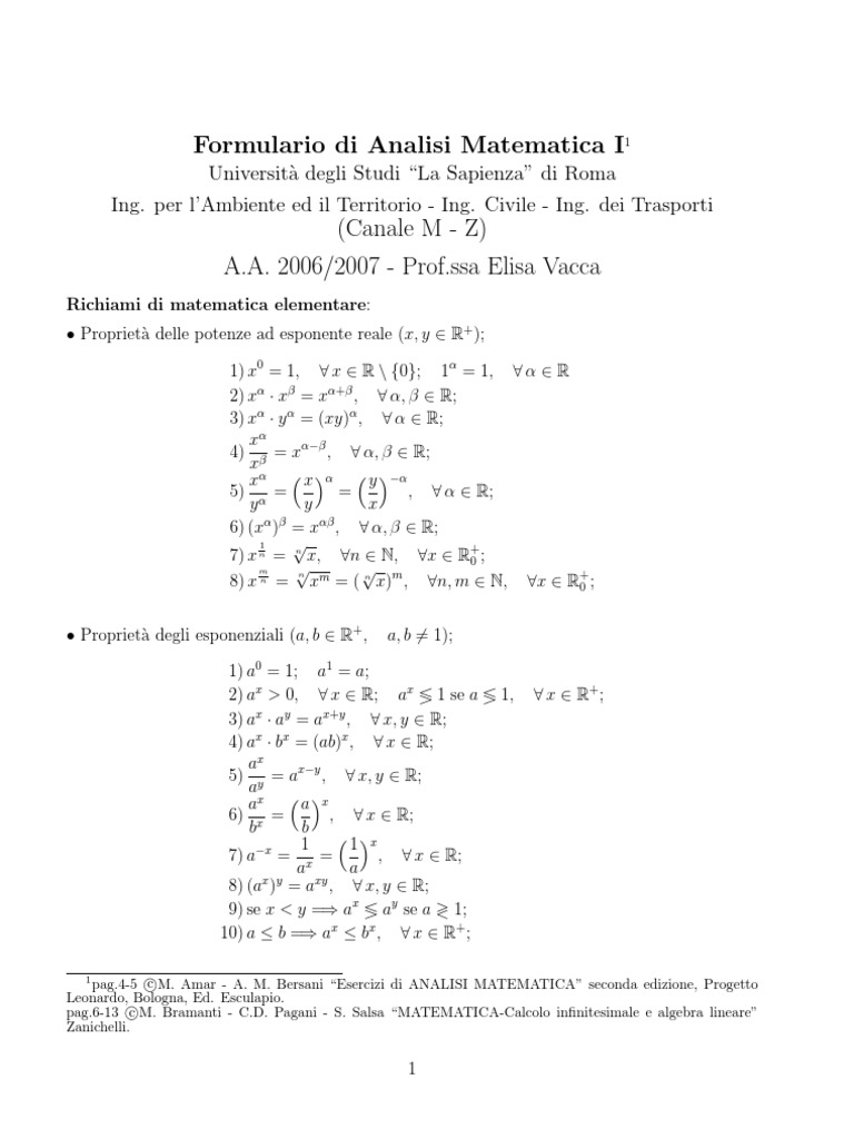 Formulario Di Analisi Matematica I | PDF