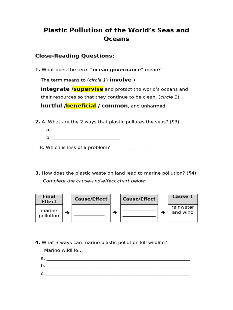 Plastic Pollution Close Reading Questions | PDF | Pollution | Oceans