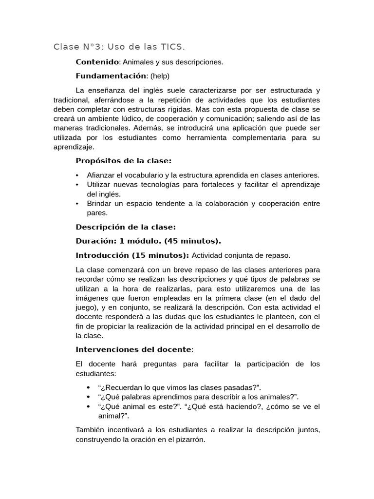 Clase de Inglés: Descripción de Animales con TICs | PDF | Cognición | Modificación de comportamiento