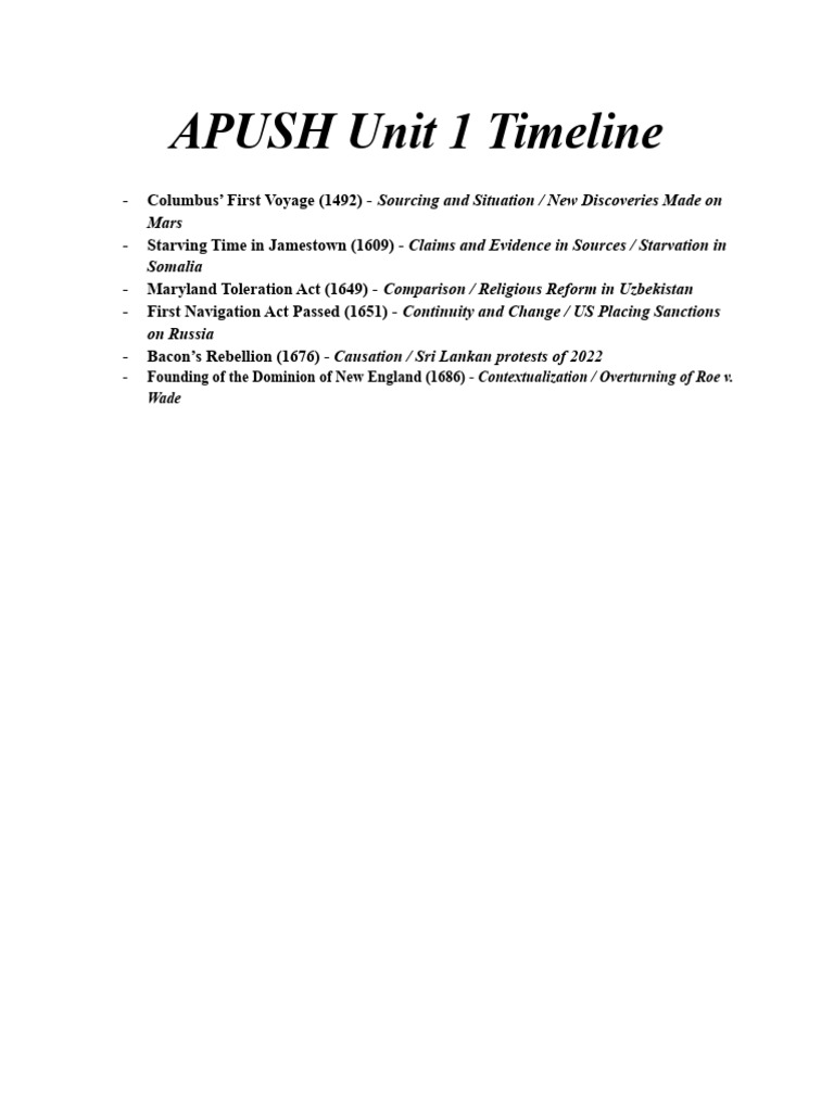 APUSH Timeline 1 | PDF | Freedom Of Religion