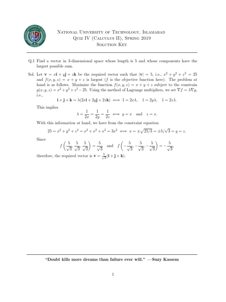 Calculus II Quiz IV Solution Key | PDF