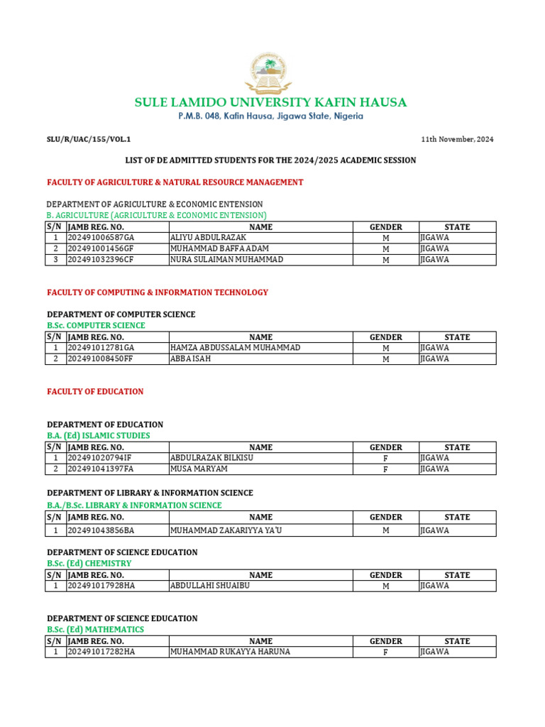 DE First Batch 2024-2025 Admission List | PDF | Nigeria