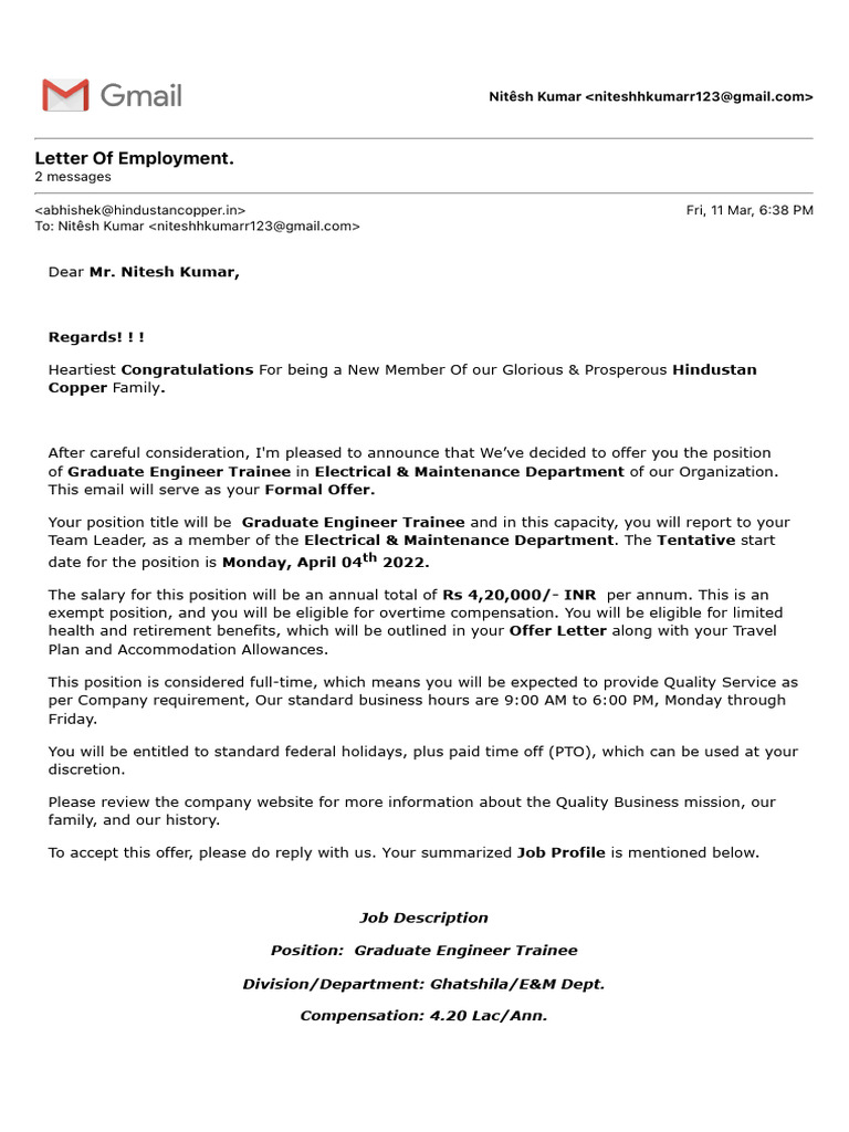 Letter of Employment. | PDF | Workplace | Labor Relations