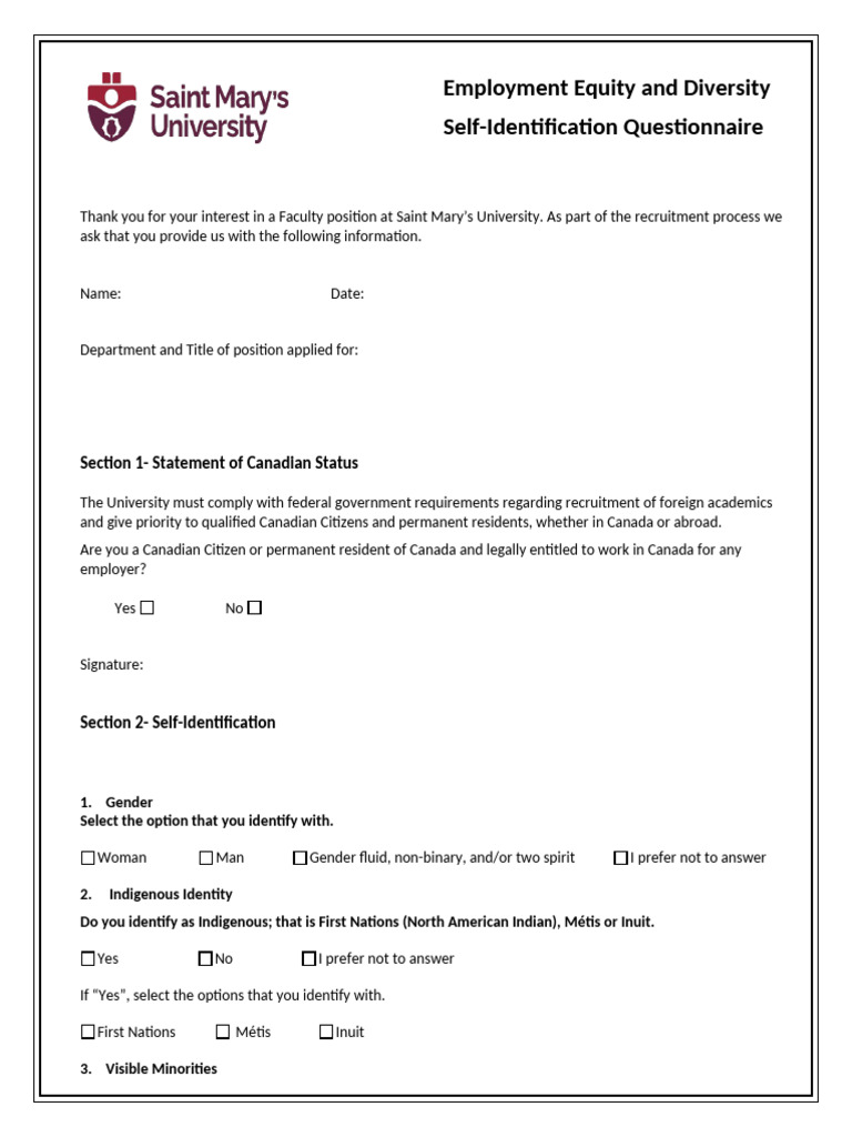Faculty Self-Identification Questionnaire | PDF | Minority Group ...