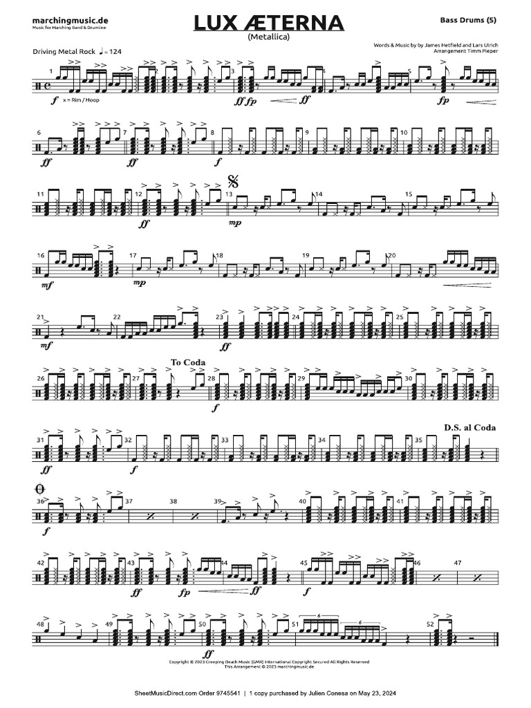 Lux Aeterna (Metallica) - Percussions Bass Drums | PDF
