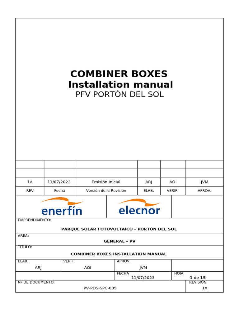 PV-PDS-SPC-005-1A COMBINER BOXES Installation Manual MTECH | PDF | Tornillo | Fusible (Eléctrico)