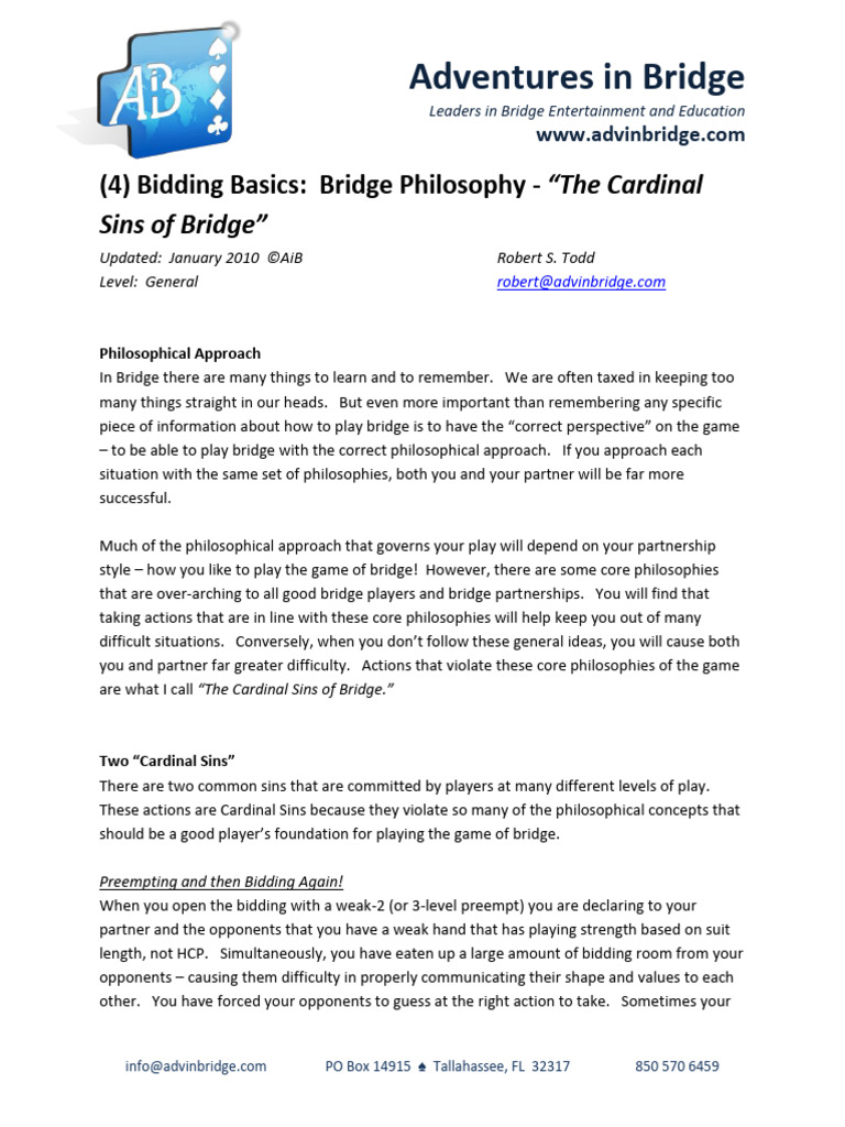Cardinal Sins of Bridge Bidding | PDF | Contract Bridge
