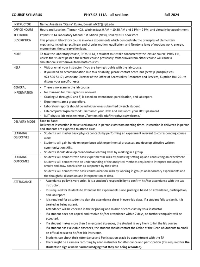 F24 Syllabus Phys 111A | PDF | Experiment | Laboratories F24 Syllabus Phys 111A | PDF | Experiment | Laboratories