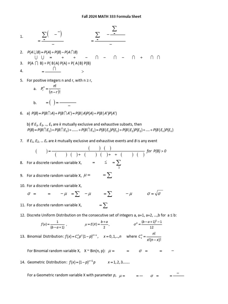 MATH333 Formulasheetsf 24 | PDF | Confidence Interval | Statistical Theory