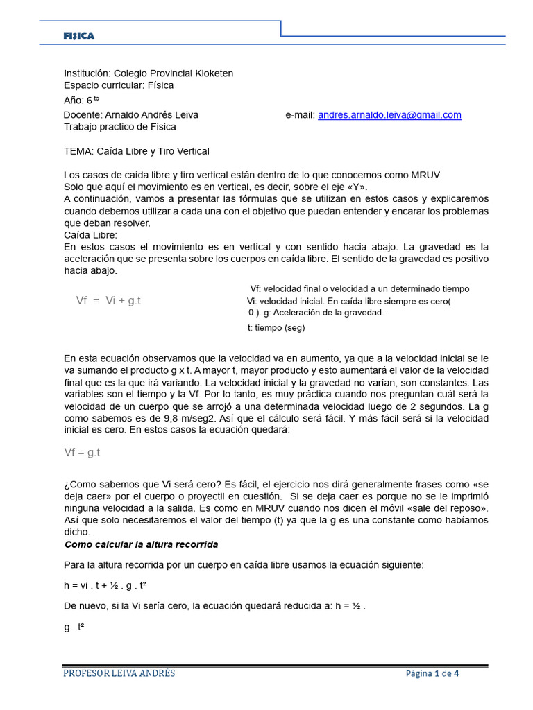 Caida Libre Tiro Vertical | PDF | Velocidad | Mecanica clasica