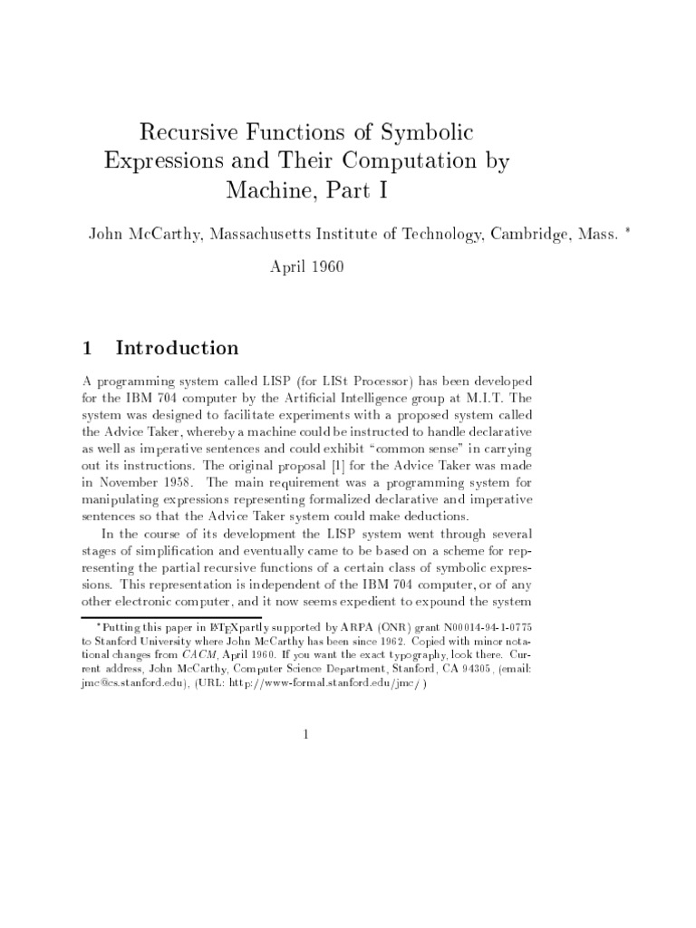 Recursive Functions of Symbolic Expressions and Their Computation by Machine, Part 1 (John ...