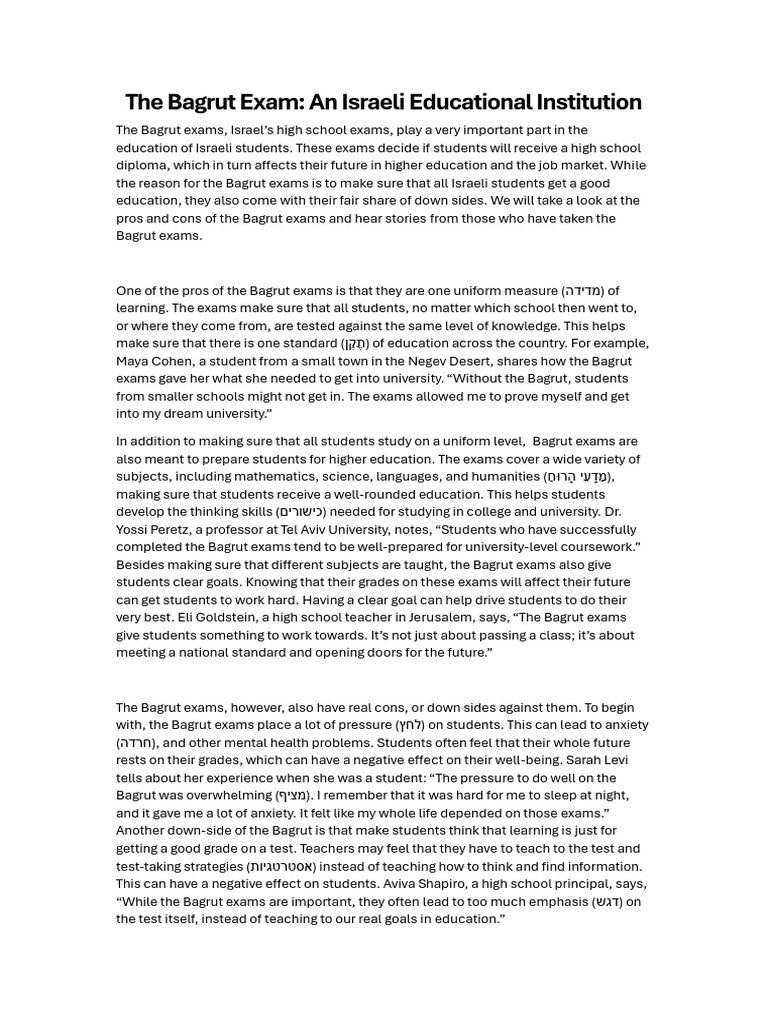 The Bagrut Exam An Israeli Educational Institution Unit 1 Eduction P.A | PDF | Cognition