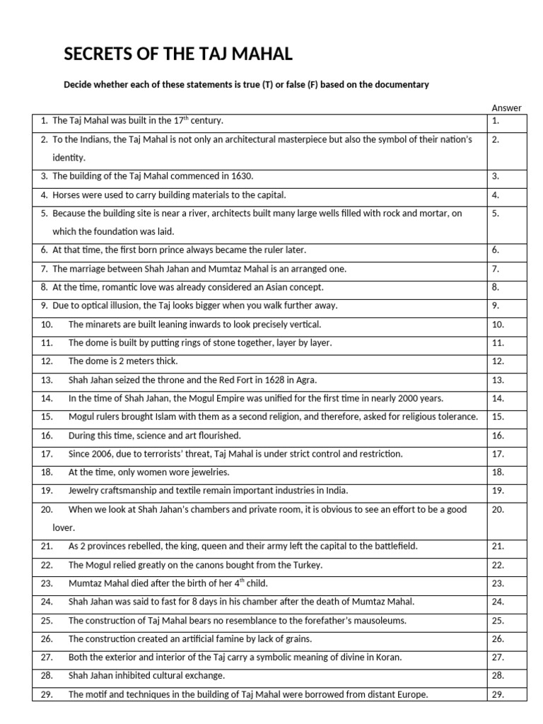 SECRETS OF THE TAJ MAHAL - Questions | PDF