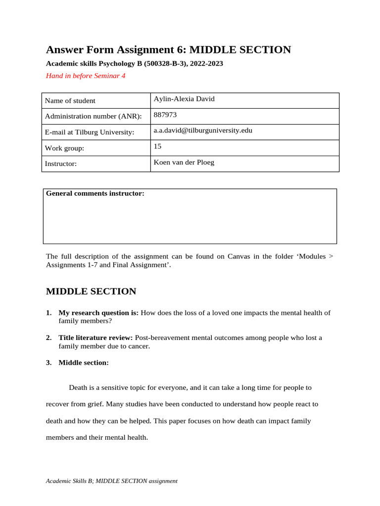 AnswerForm - Assignment 6 - 2022-2023 MIDDLE SECTION | PDF | Grief ...