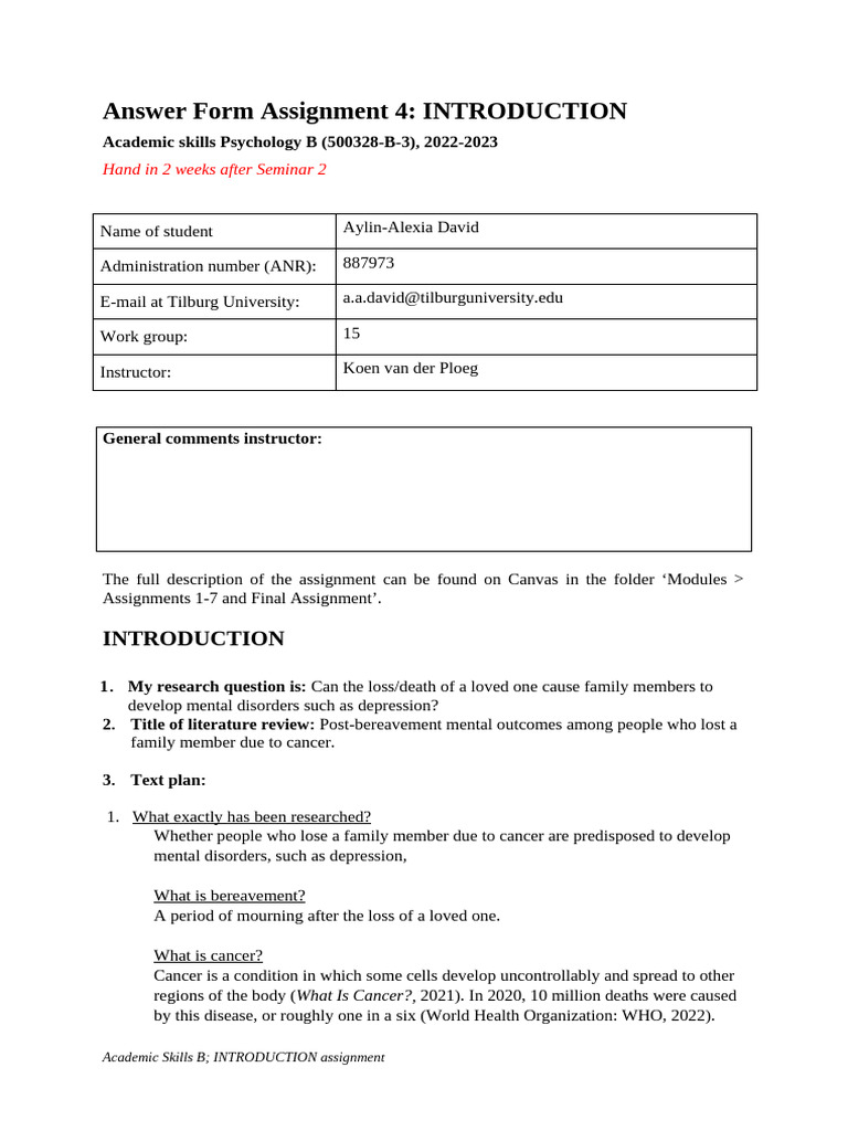 AnswerForm - Assignment 4 - 2022-2023 INTRODUCTION | PDF | Grief ...