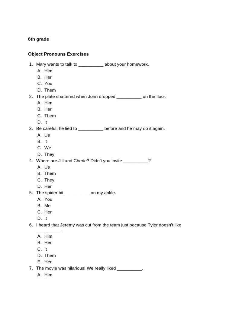Object Pronouns for 6th Graders | PDF | Language Arts & Discipline ...