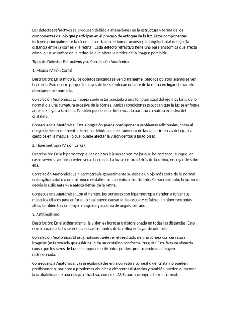 Defectos Refractivos: Anatomía y Corrección | PDF | Ojo humano | Miopía