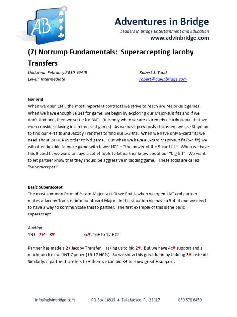 7 Superaccepting Jacoby Transfers | PDF | Contract Bridge | Gaming Devices