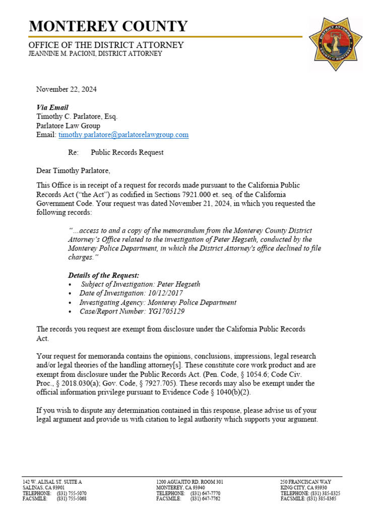 2024 11 22 Monterey County District Attorney Response To Send | PDF ...