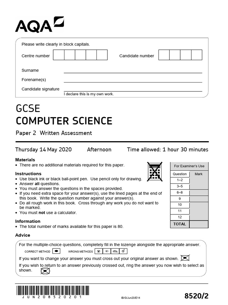 June 2020 QP - Paper 2 AQA Computer Science GCSE | PDF | Computer Data ...