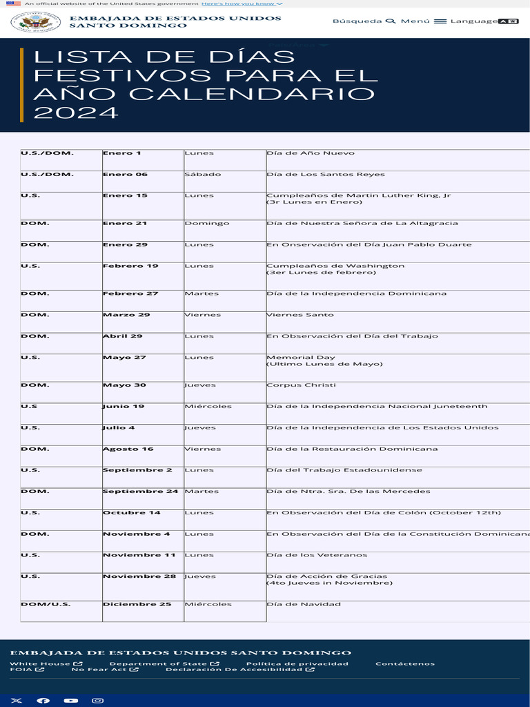 LISTA DE DÍAS FESTIVOS PARA EL AÑO CALENDARIO 2024 - Embajada de ...