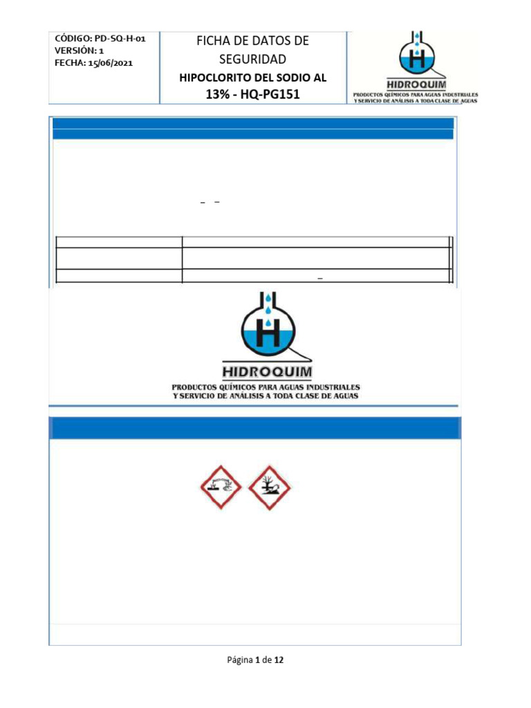HOJA DE SEGURIDAD DEL HQ-PG151 HIPOCLORITO DE SODIO Def. | PDF | Cloro ...