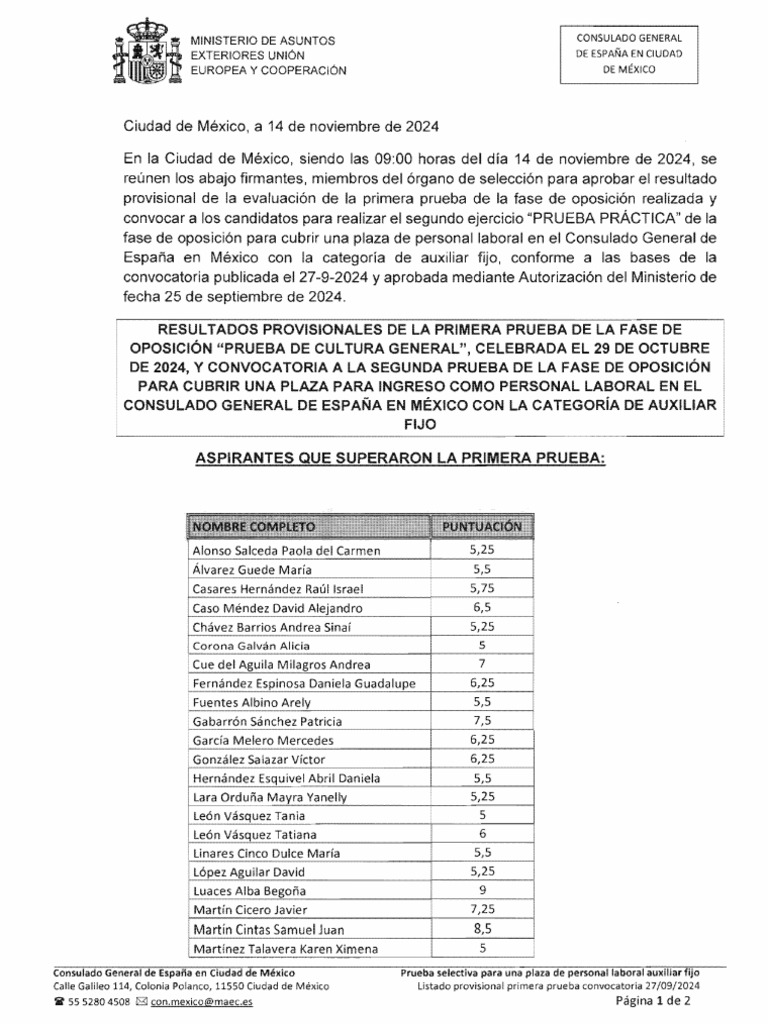 Listado Provisional Aprobados 1er Ejercicio Auxiliar Fijo | PDF