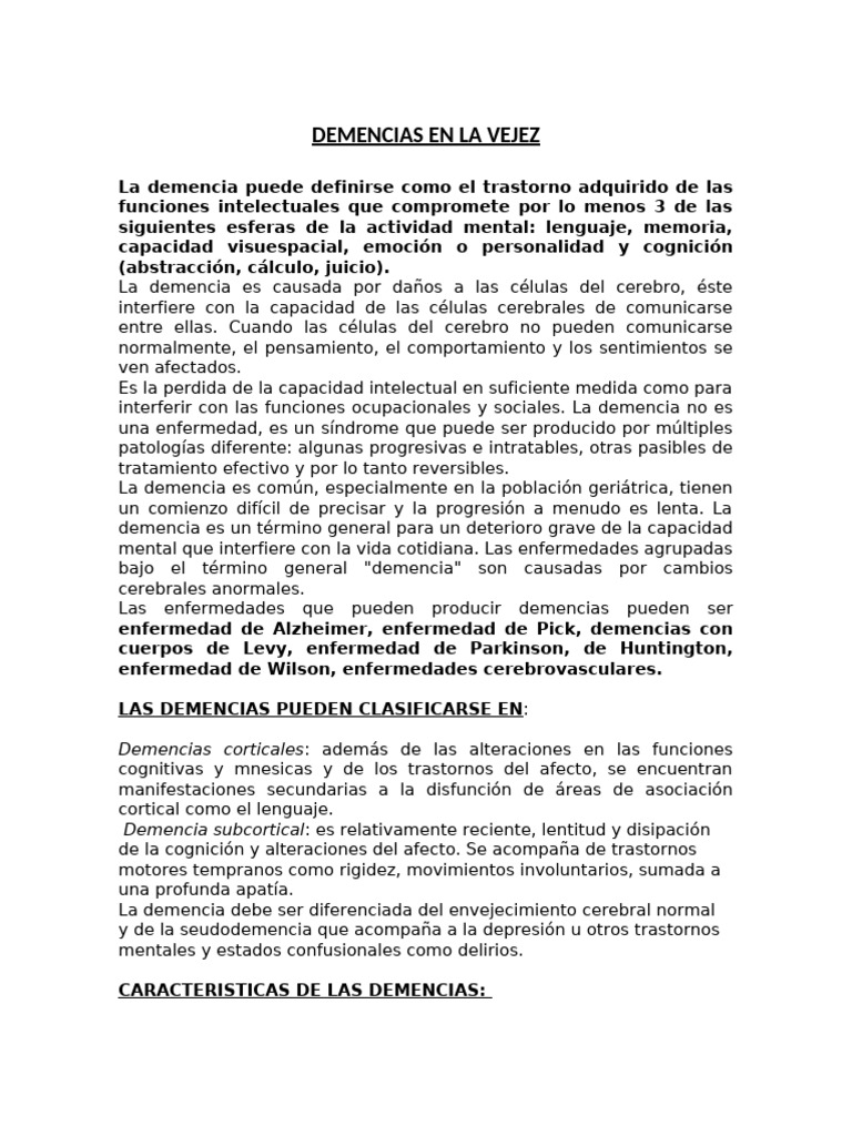Demencias en La Vejez | PDF | Demencia | Trastorno depresivo mayor