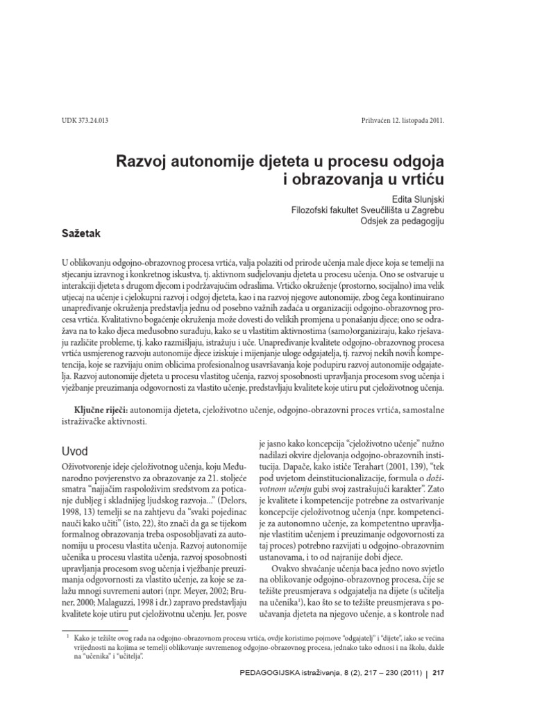 Razvoj Autonomije Djeteta U Procesu Odgo | PDF
