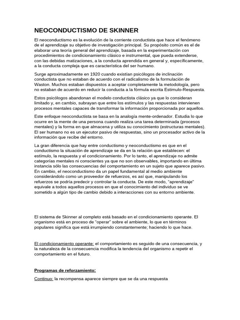 Neoconductismo de Skinner | PDF | Behaviorismo | Aprendizaje