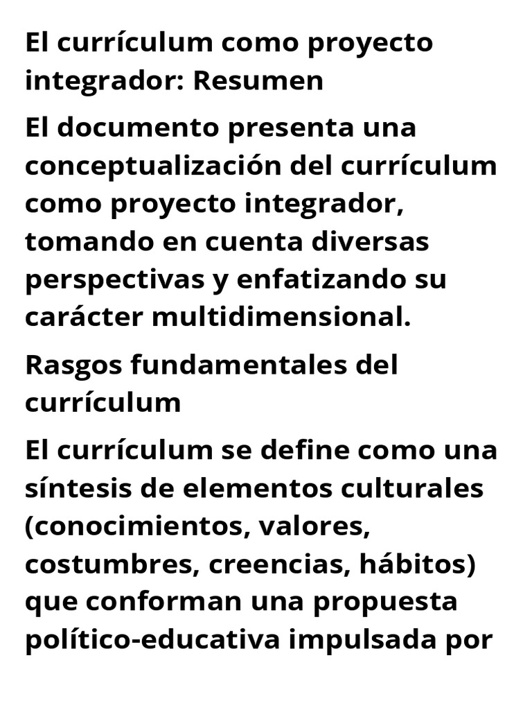 El Currículum Como Proyecto Integrador Resumen - 20240723 - 085218 - 0000 | PDF | Plan de ...