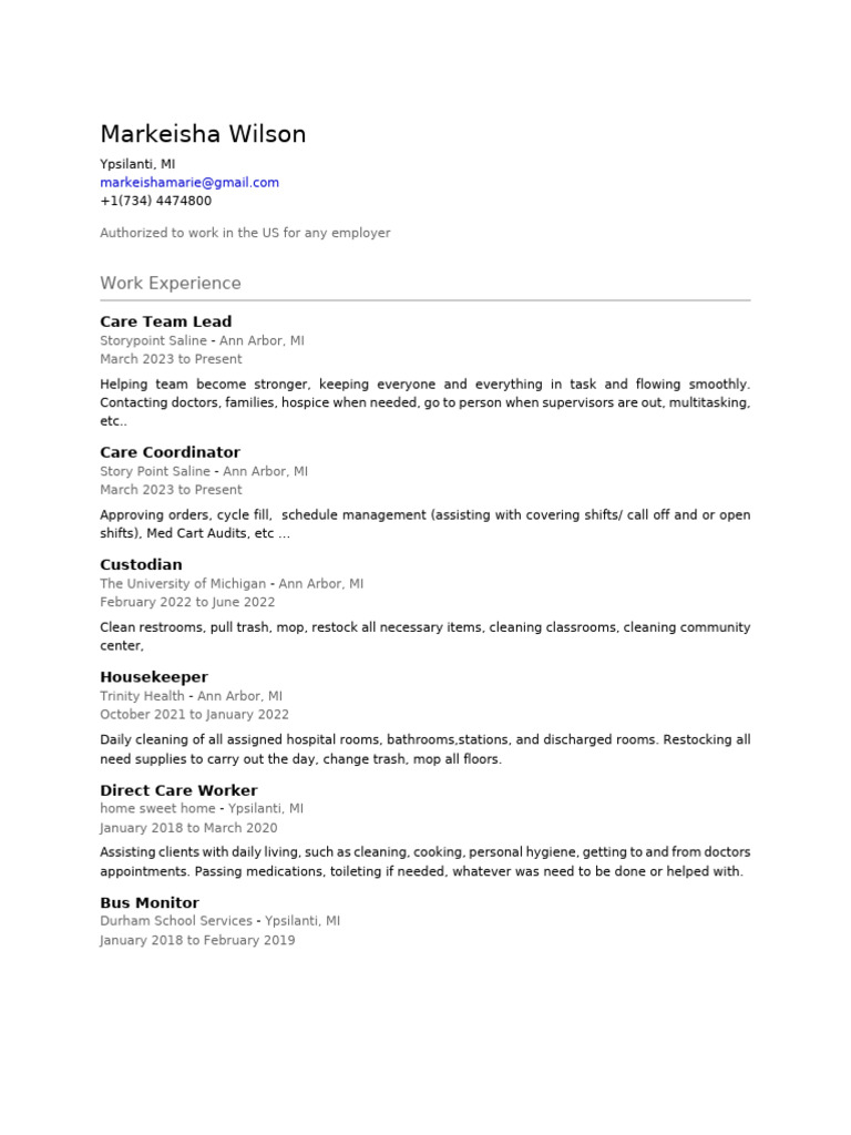 Markeisha Wilson: Work Experience | PDF