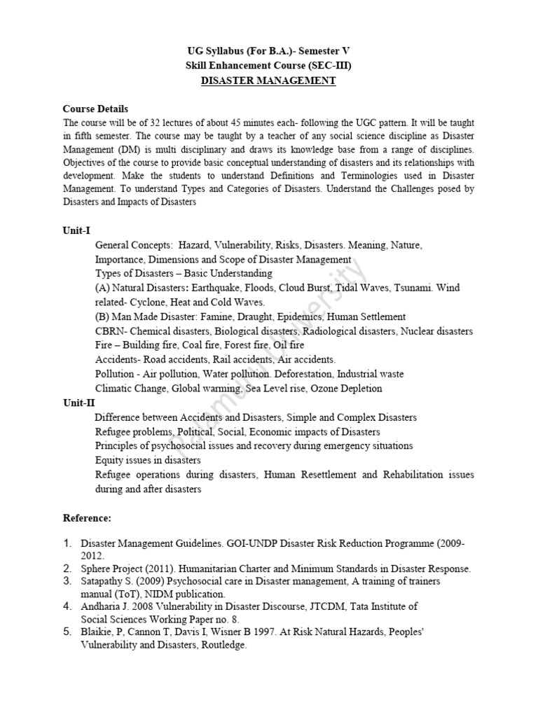 Disaster Management SEC-III For B.A Semester V | PDF | Natural Disasters | Emergency Management