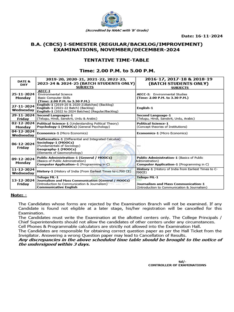 I-Semester Ug Time Table Nov-2024 | PDF | Science