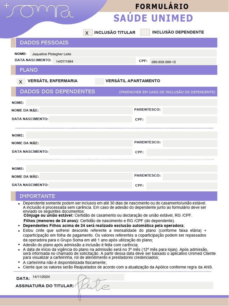 Formulário Unimed Cia Hering | PDF | Direito