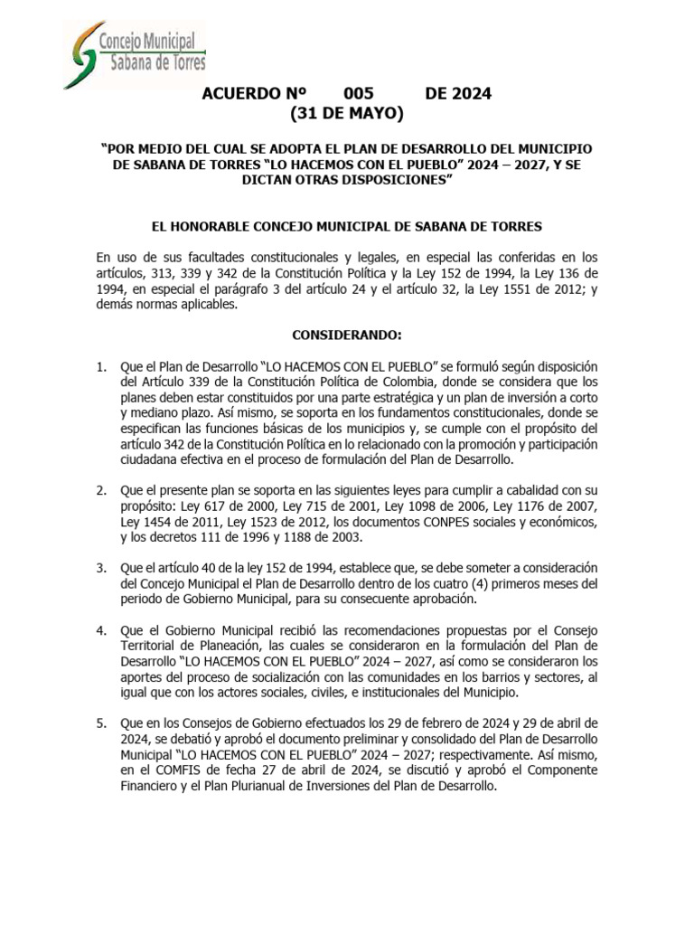 Acuerdo 05 Del 31-05-2024 SABANA de TORRES Plan de Desarrollo 20242027 | PDF | Presupuesto | Alcalde