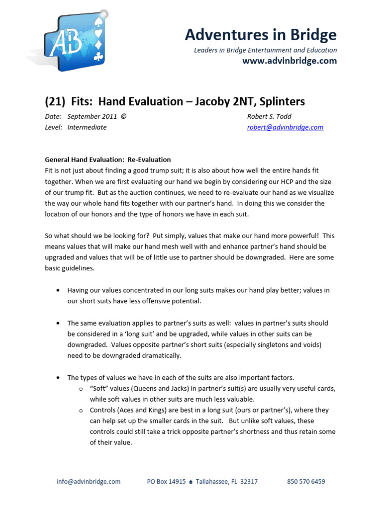 21 Hand Evaluation - Jacoby 2N, Splinters | PDF | Contract Bridge ...