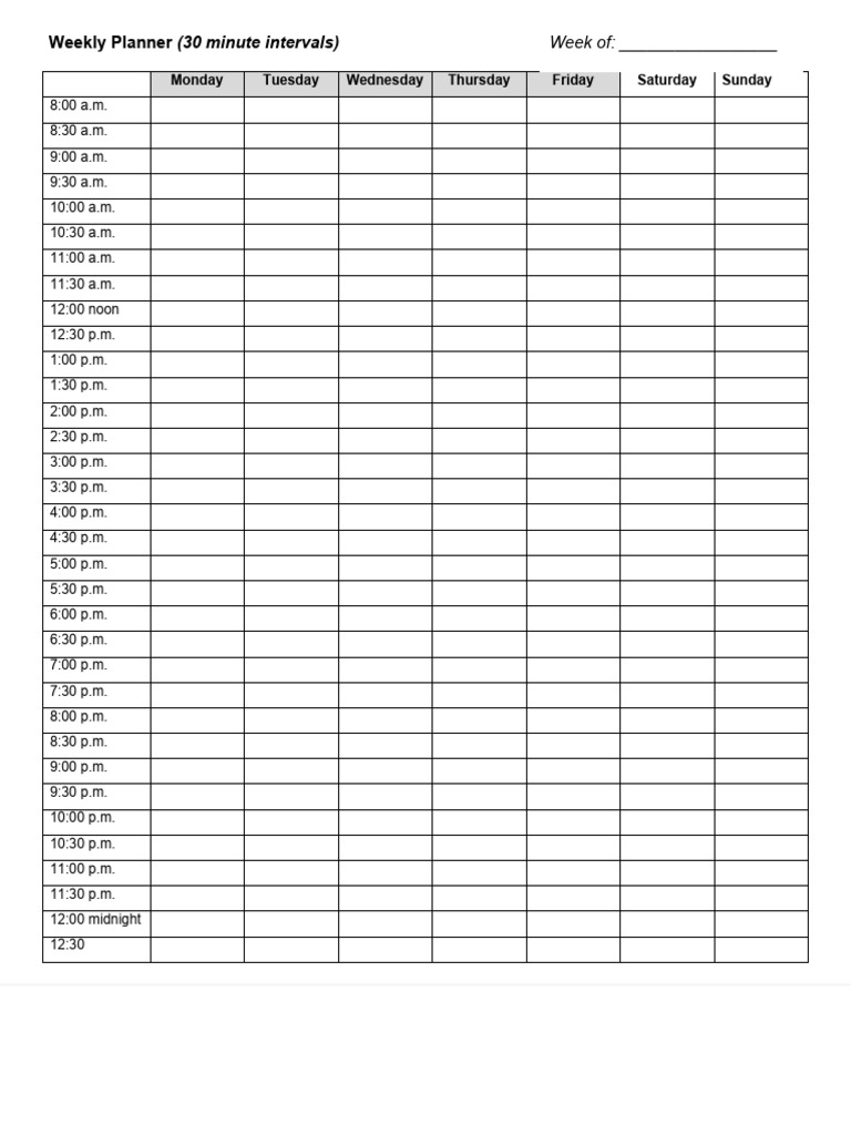 Weekly Planner in 30-Minute Intervals | PDF