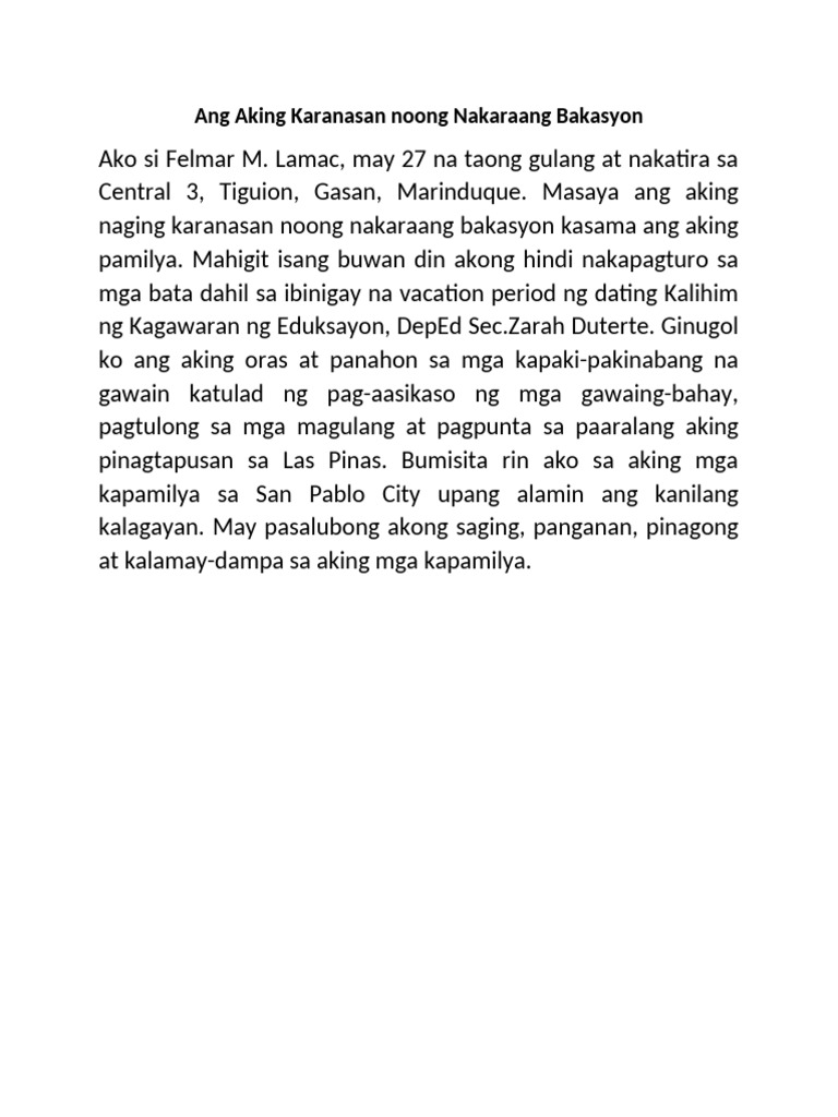 Ang Aking Karanasan Noong Nakaraang Bakasyon | PDF