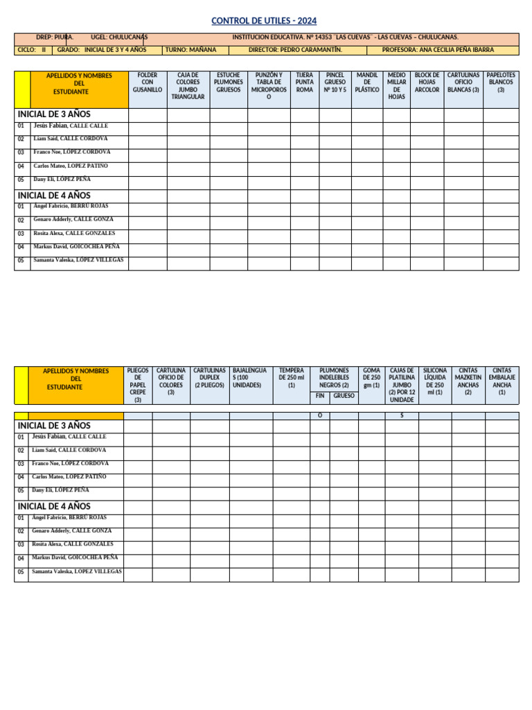 Control de Útiles 2024 - Inicial 3 y 4 Años | PDF