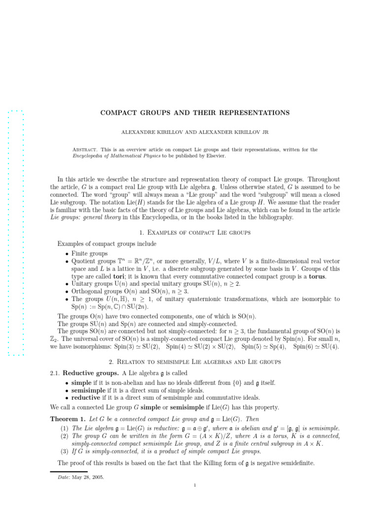 Compact Lie Groups and Representations | PDF | Lie Groups | Lie Algebra