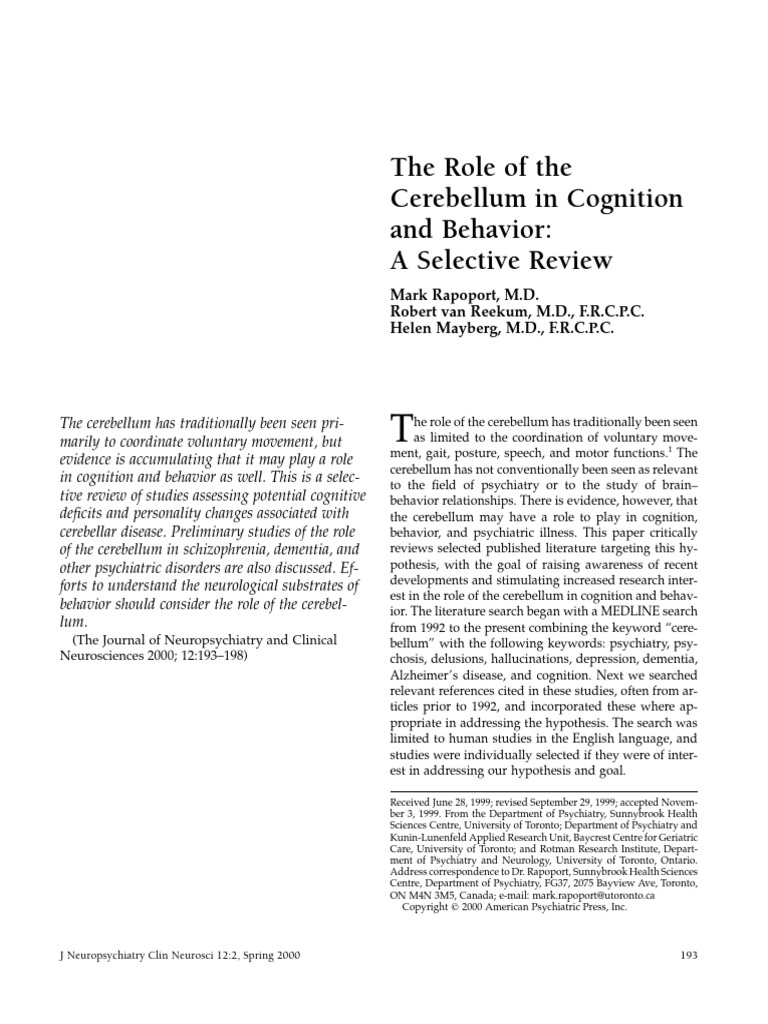 The Role of The Cerebelum in Cognition Ang Vehavior | PDF | Cerebellum ...
