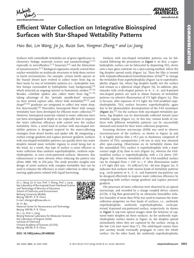 Star-Shaped Wettability for Water Collection | PDF | Wetting | Hydrophobe