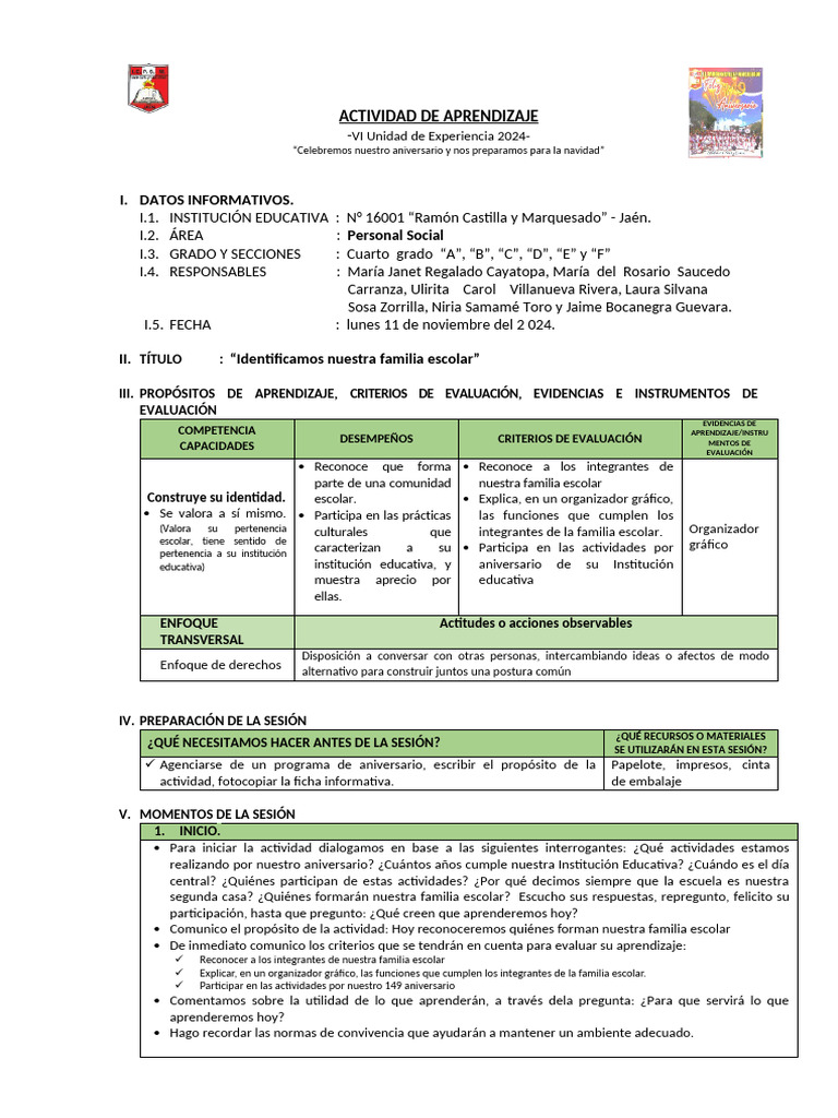 Actividad Nuestra Familia Escolar | PDF | Evaluación | Aprendizaje