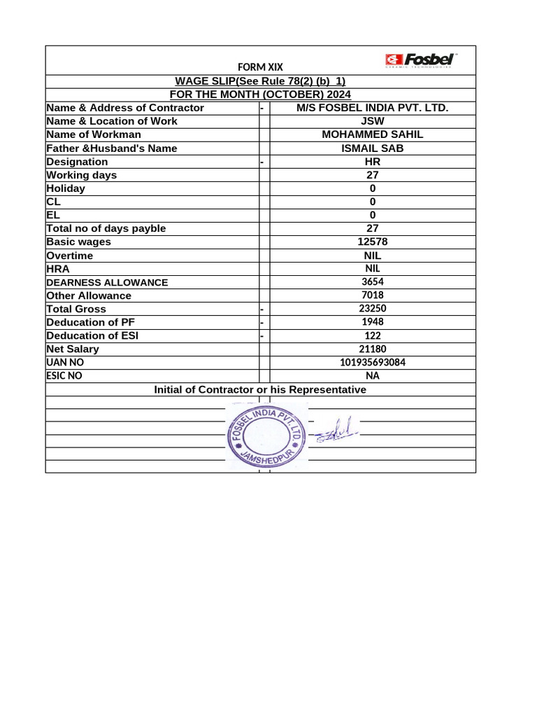 Wage Slip MD Sahil | PDF