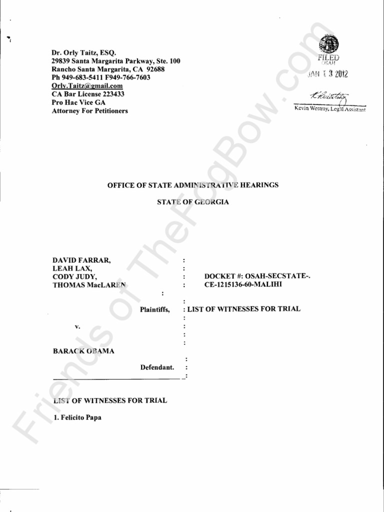 2012-01-13 Farrar List of Witnesses For Trial | PDF