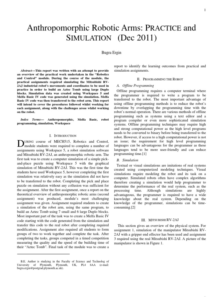 Anthropomorphic Robotic Arms - Practice and Simulation | PDF | Computer ...