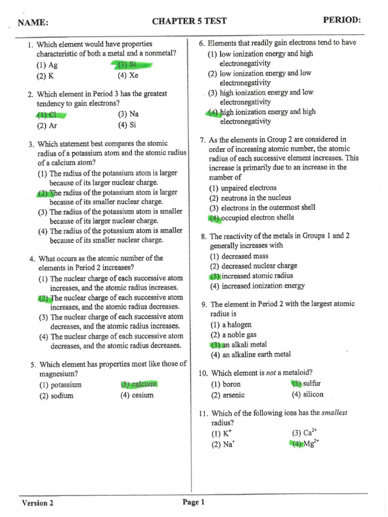 Periodic Table Practice Test Answers | PDF